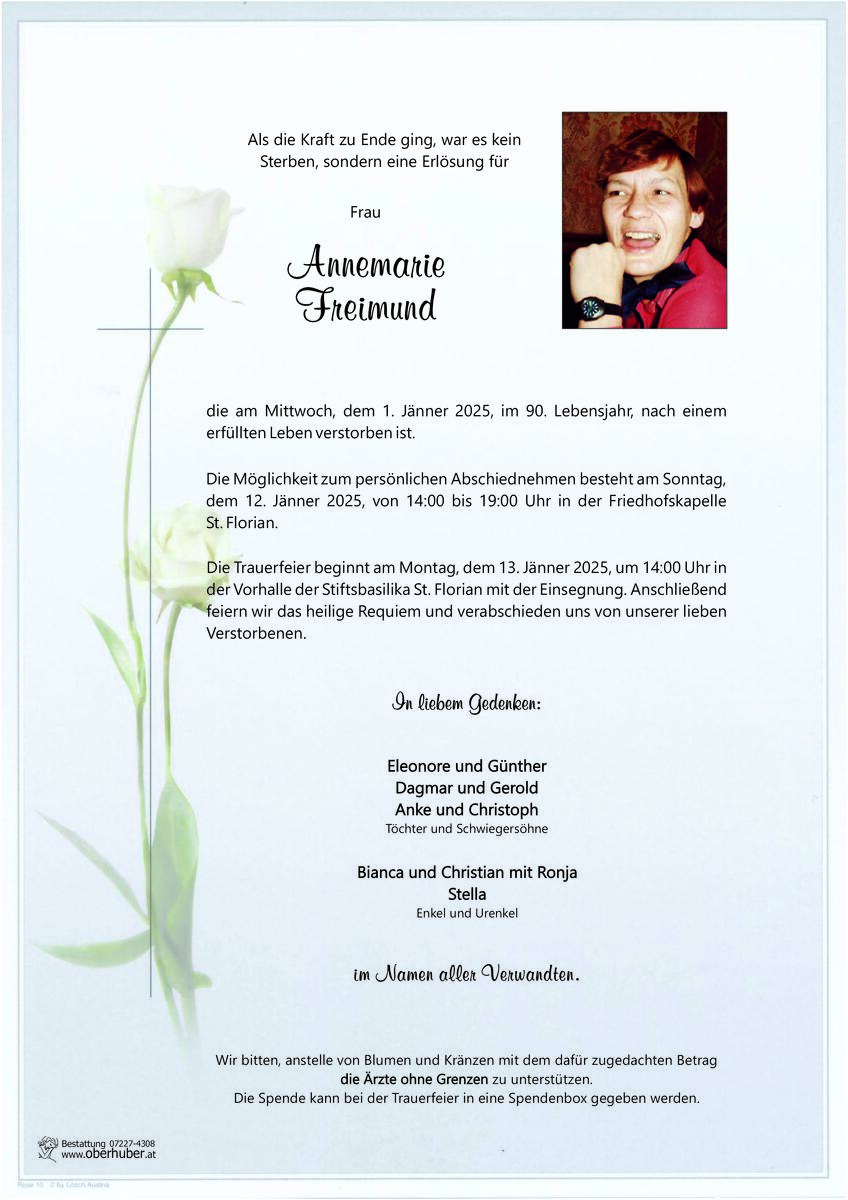 Todesanzeigen » Tischlerei - Bestattung Oberhuber